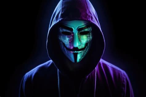 Premium Ai Image Neon Masked Hacker Portrait Of Anonymous Man In Cyber Crime Concept With