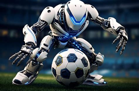 Premium AI Image Robot Soccer Standing On A Green Field Generative Ai