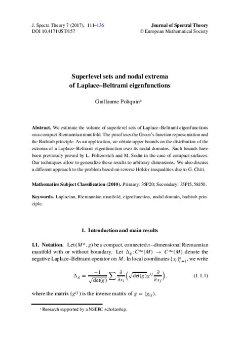 Pdf Superlevel Sets And Nodal Extrema Of Laplace Beltrami Eigenfunctions