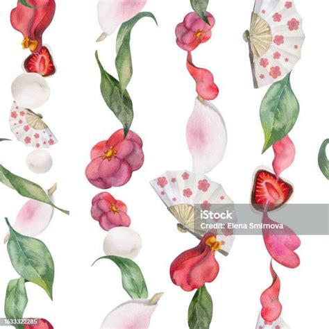 손으로 그린 전통적인 일본 과자가 있는 수채화 이음매 없는 패턴 와가시 떡 동백 꽃 흰색 배경에 격리되어 있습니다 초대장 레스토랑 메뉴 인사말 카드 인쇄 섬유 0명에 대한