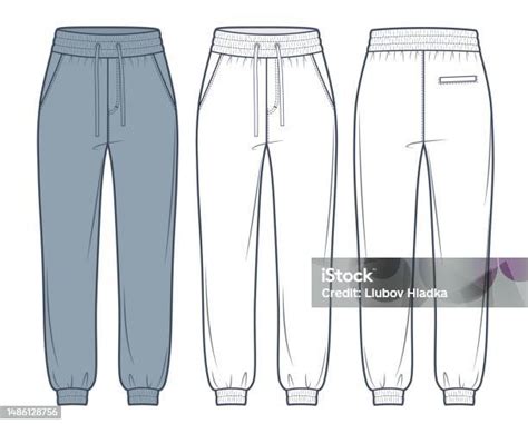 조거 바지 패션 플랫 기술 도면 템플릿입니다 스웨트 팬츠 테크니컬 패션 일러스트레이션 편안한 핏 오버사이즈 포켓 신축성 있는