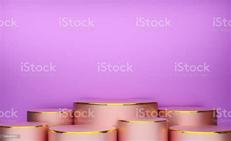 현대적인 무대 디스플레이 및 미니멀리스트 모형 추상 쇼케이스 배경 개념 3d 그림 또는 3d 렌더링을 위한 보라색 또는 보라색 구성의 기하학적 모양이 있는 연단이 비어