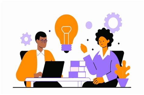 Premium Vector Two Colleagues Having A Creative Brainstorming Session Beside A Laptop