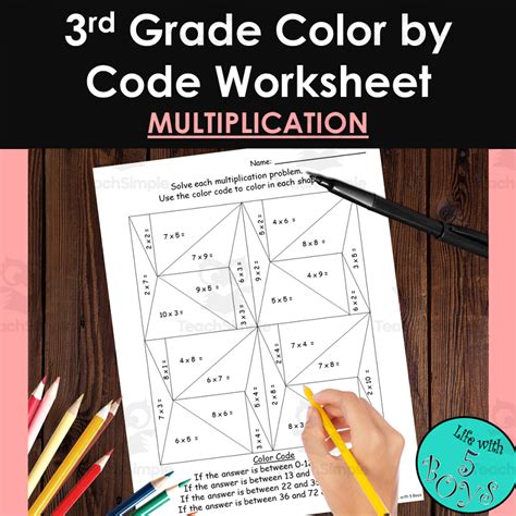 3rd Grade Color By Code Math Worksheet Multiplication 1 By Teach Simple