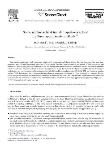 Pdf Some Nonlinear Heat Transfer Equations Solved By Three Approximate Methods
