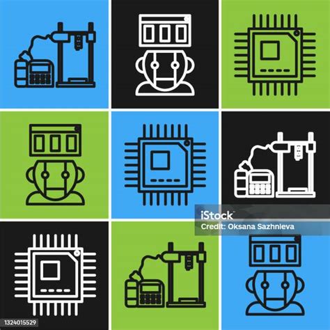 세트 3d 프린터 마이크로 회로 Cpu 및 로봇 아이콘프로세서를 설정합니다 벡터 0명에 대한 스톡 벡터 아트 및 기타 이미지