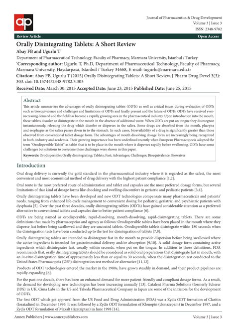 Pdf Orally Disintegrating Tablets A Short Review