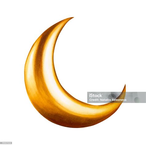 수채화 이슬람 아라비아 황금 초승달 그림 흰색 배경에 고립되어 있습니다 무슬림 황금 손으로 그린 휴일 라마단 카림 또는 이드 알 아드하 2024 디자이너 판화 엽서 포장지