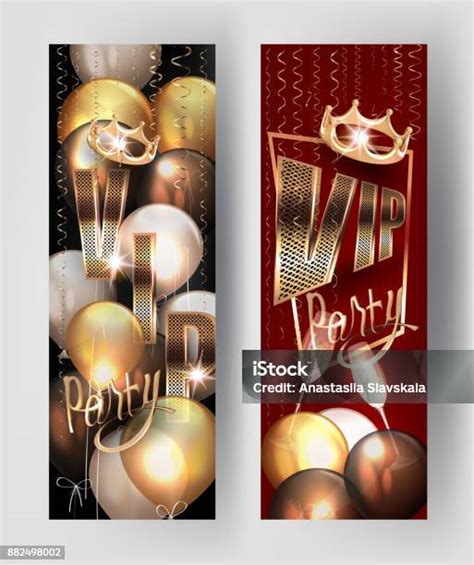 Vip 파티 초대 배너 골드 곱슬 뱀 공기 풍선 및 크라운 벡터 일러스트 레이 션 고급에 대한 스톡 벡터 아트 및 기타 이미지