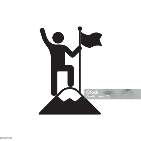 그래픽 디자인 로고 웹 사이트 소셜 미디어 모바일 앱 Ui 일러스트레이션을 위한 산악 아이콘 벡터 성공 및 승리 개념의 상단에 깃발이 달린 남자 아이콘에 대한 스톡 벡터