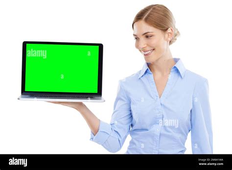Laptop Green Screen And Business Woman In White Background Isolated Studio And Mockup