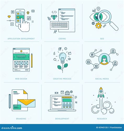 Set Of Flat Line Icons For Web Development Stock Vector Illustration Of Laptop Meda 42945120