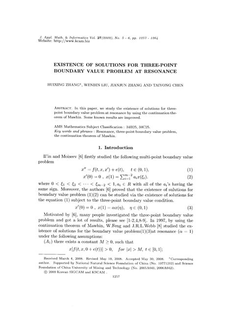 Pdf Existence Of Solutions For Three Point Boundary Value Problem At Resonance