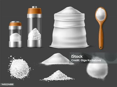 현실적인 소금 하얀 바다 소금 천연 요리 재료 크리스탈 및 분말 말뚝 측면 및 상단보기 쉐이커 및 나무 숟가락 향신료 제품 3d 절연 요소 완전한 벡터 세트 소금에 대한