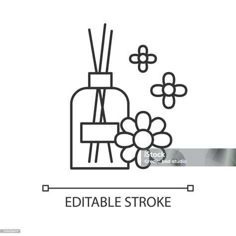 아로마 테라피 선형 아이콘입니다 향기로운 스틱 공기 꽃 청정기 릴렉스를 위한 상품 에센셜 오일 가는 선 그림입니다 등고선 기호입니다 벡터 절연 윤곽선 도면 편집 가능한