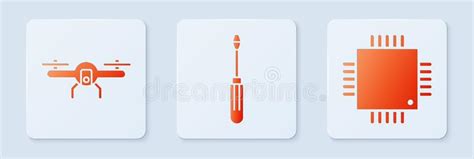 Set Screwdriver Drone Flying And Processor With Microcircuits CPU White Square Button Stock