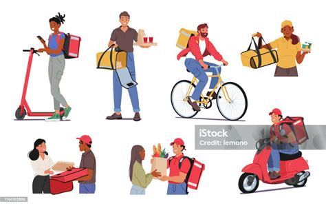 음식 배달 노동자는 식당에서 고객 문앞까지 식사를 운반하고 교통 체증을 탐색합니다 배달에 대한 스톡 벡터 아트 및 기타 이미지