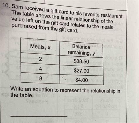 solved 10 sam received a t card to his favorite restaurant the table shows the linear