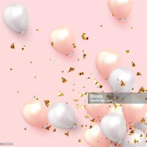 헬륨 풍선 축제 배경 생일 포스터 배너 해피 주년을 축하합니다 사실적인 장식 디자인 요소 벡터 3d 오브젝트 발롱 핑크와 화이트 컬러 항공편 업 생일에 대한 스톡 벡터 아트