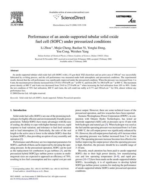Pdf Performance Of An Anode Supported Tubular Solid Oxide Fuel Cell Sofc Under Pressurized