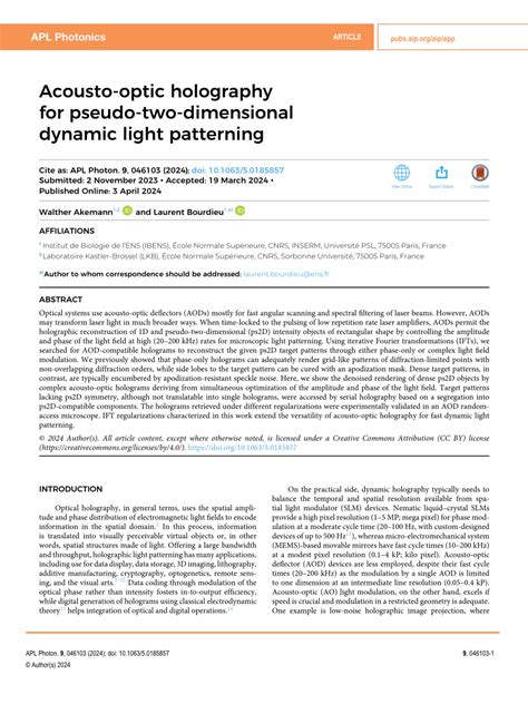 Pdf Acousto Optic Holography For Pseudo Two Dimensional Dynamic Light