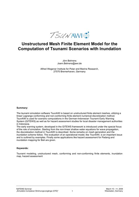 Pdf Tsunawi Unstructured Mesh Finite Element Model For The Computation Of Tsunami Scenarios