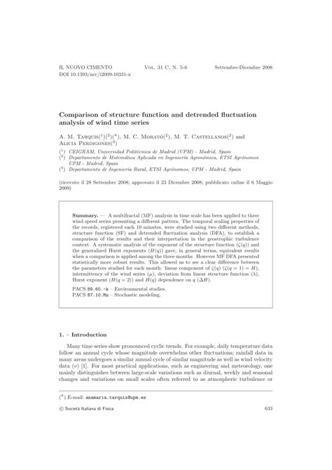 Pdf Comparison Of Structure Function And Detrended Fluctuation Analysis Of Wind Time Series