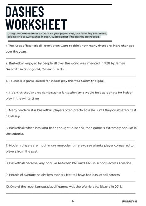 Dashes Usage And Examples With Worksheet