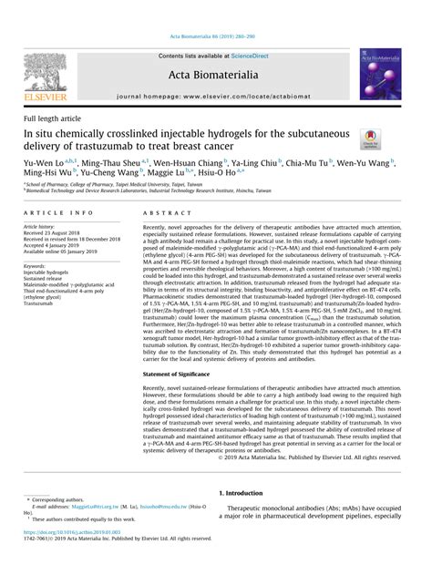 Pdf In Situ Chemically Crosslinked Injectable Hydrogels For The Subcutaneous Delivery Of