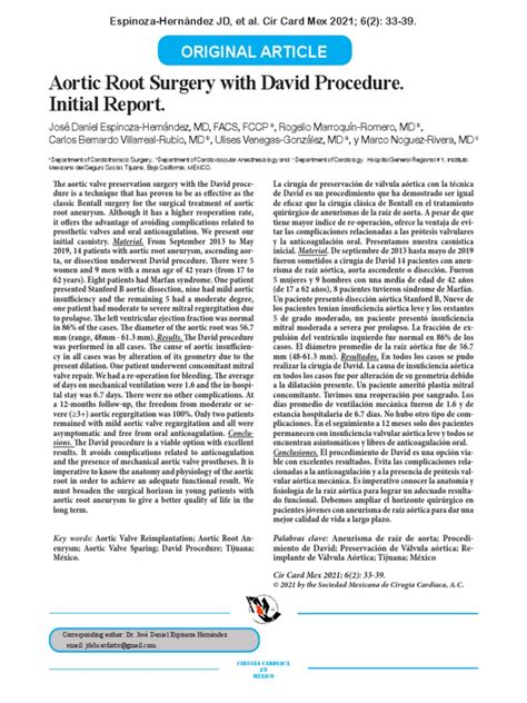 Aortic Root Surgery With David Procedure Initial Report Pdf Heart Medical Specialties