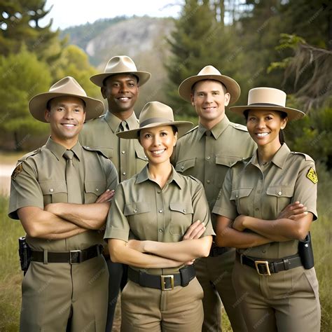 A Diverse Group Of Park Rangers In Uniform Stand Together Showcasing Their Commitment To