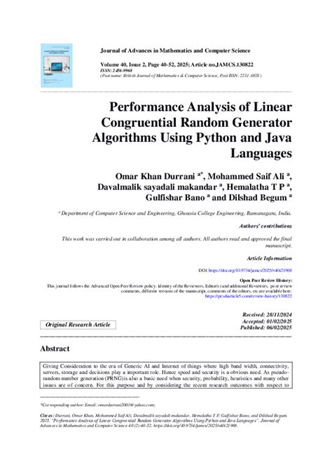 Pdf Performance Analysis Of Linear Congruential Random Generator Algorithms Using Python And