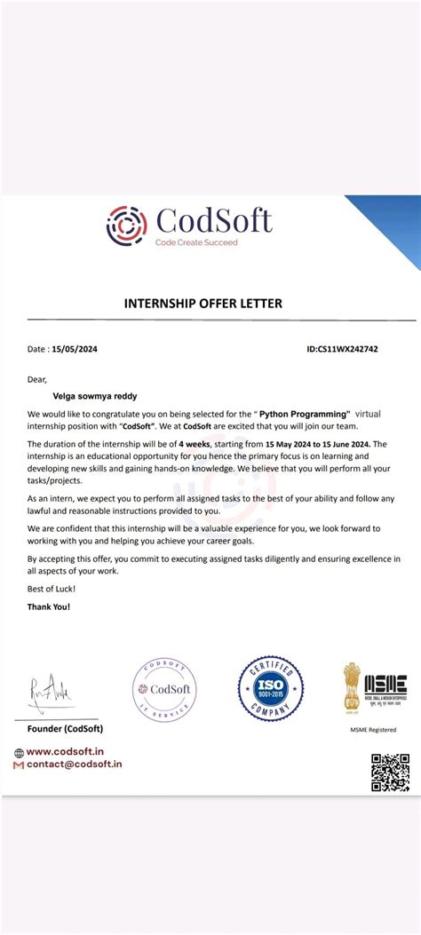 internship python developer at codsoft sowmya velga posted on the