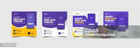 모바일 앱 프로모션 소셜 미디어 게시물 표지 및 웹 배너 템플릿 파란색과 노란색 배경색 웹 인터넷 광고 전단지에 대한 스톡 벡터 아트 및 기타 이미지 Istock