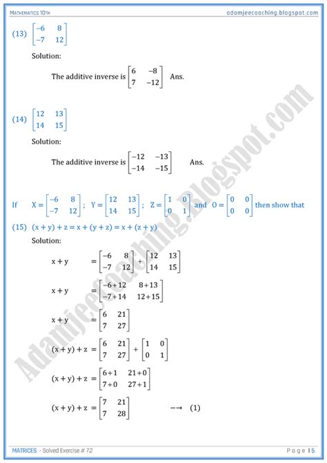 Adamjee Coaching Matrices Exercise 72 Mathematics 10th