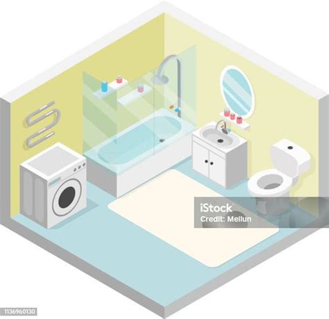 욕실 아이소메트릭 화장실 싱크대 세탁기 샤워 현대 가구 룸 절단 평면 디자인 고립 된 개념 벡터 일러스트 레이 션 등측투영법에