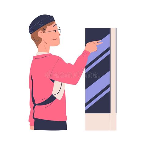 Man Character Using Information Board With Interactive Interface Vector Illustration Stock