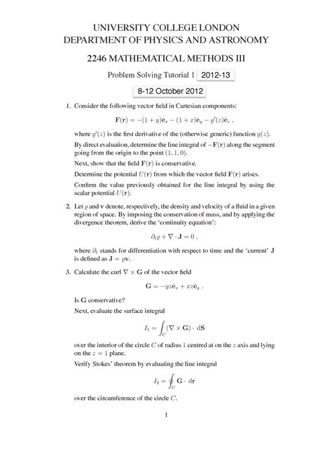 Problem Class 1 University College London Department Of Physics And