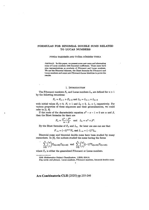 Pdf Formulas For Binomial Double Sums Related To Lucas Numbers