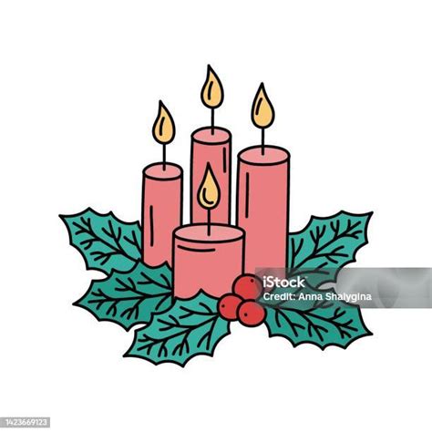 Chrismas 양초와 홀리 잎은 낙서를 고립시킵니다 네 개의 양초와 장폐색 잎의 벡터 일러스트레이션 크리스마스 강림절 상징의 귀여운 손으로 그린 구성 12월에 대한 스톡