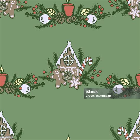 진저 브레드 하우스와 녹색 배경에 촛불 벡터 패턴을 반복합니다 간단한 크리스마스 달콤한 벽지 디자인 장식 축제 패션 직물 드로잉에 대한 스톡 벡터 아트 및 기타 이미지