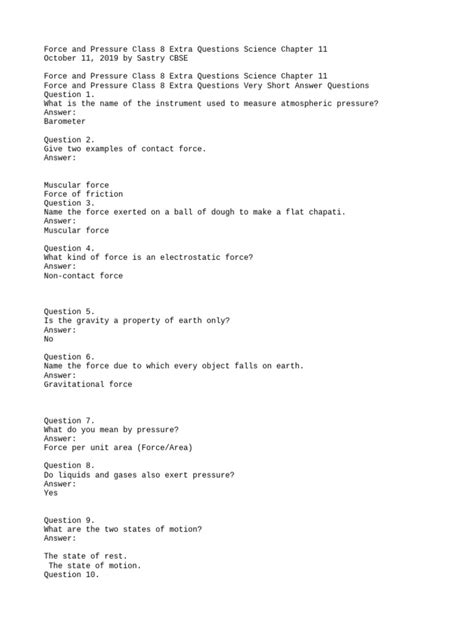 Force And Pressure Class 8 Extra Qu Pdf