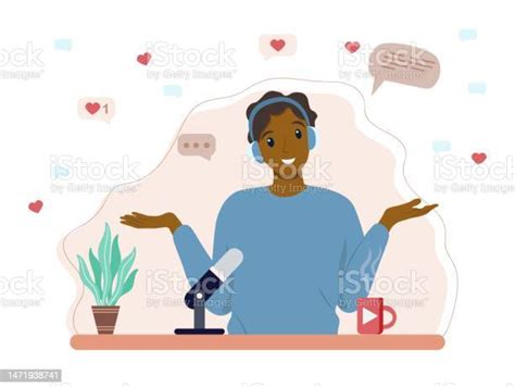 흑인 녹음 팟캐스트 플랫 스타일의 팟캐스트 개념 청중과 대화하는 팟캐스터 남자에 대한 스톡 벡터 아트 및 기타 이미지 남자