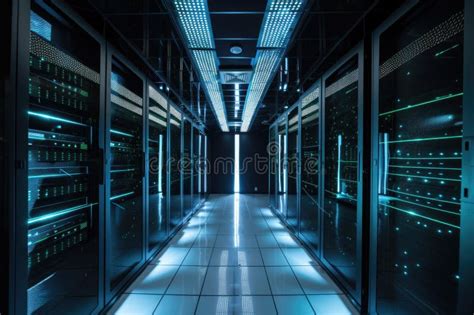 Data Center With Rows Of Servers Each One With Blinking Led Lights Stock Image Image Of