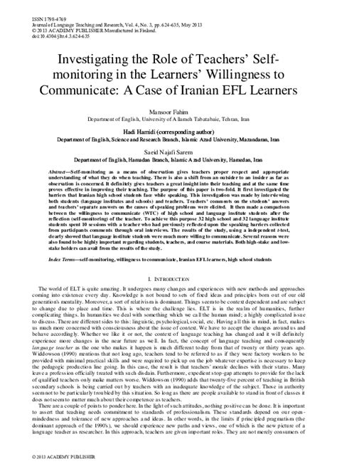 Pdf Investigating The Role Of Teachers Self Monitoring In The Learners Willingness To