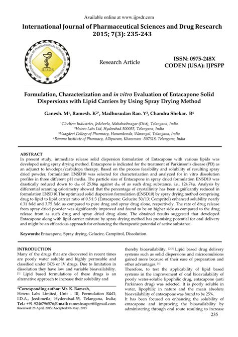 Pdf Formulation Characterization And In Vitro Evaluation Of Entacapone Solid Dispersions With