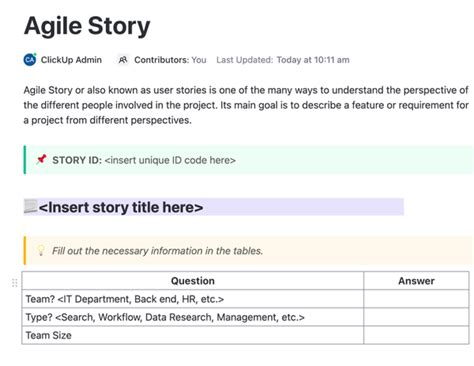 Agile Story Template By ClickUp