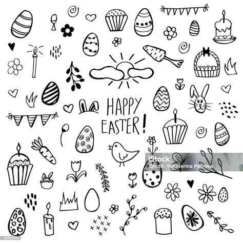 그려진 벡터 세트 해피 부활절 부활절 달걀 케이크 토끼 봄 사랑 벡터의 큰 세트는 낙서 행복한 부활절의 벡터 일러스트 부활제에