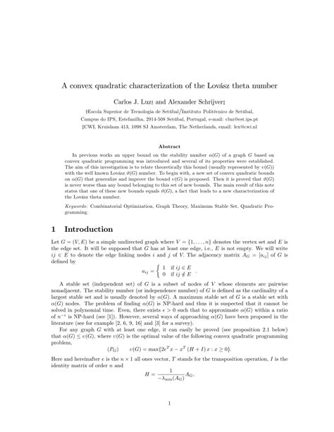 pdf a convex quadratic characterization of the lovász theta number