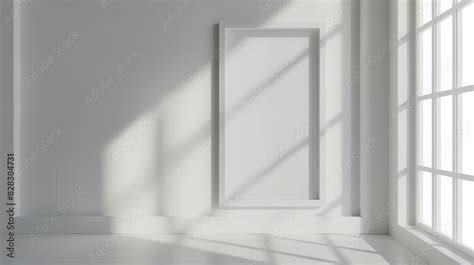 White Vertical Rectangle Frame Mockup On Empty Wall With Window Shadow Top View Mock Up